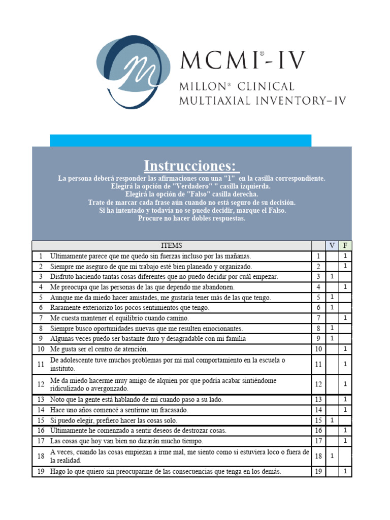Libre MCMI-IV Inventario Clínico Multiaxial de Millon - XLSX Sin Contra | PDF | Narcisismo ...