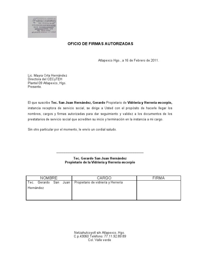 Oficio de Firmas Autorizadas Servicio Social 2 | PDF