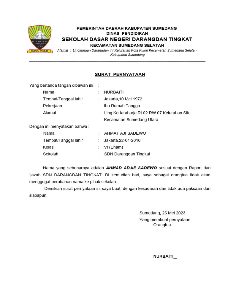 Surat Pernyataan Penggantian Nama | PDF