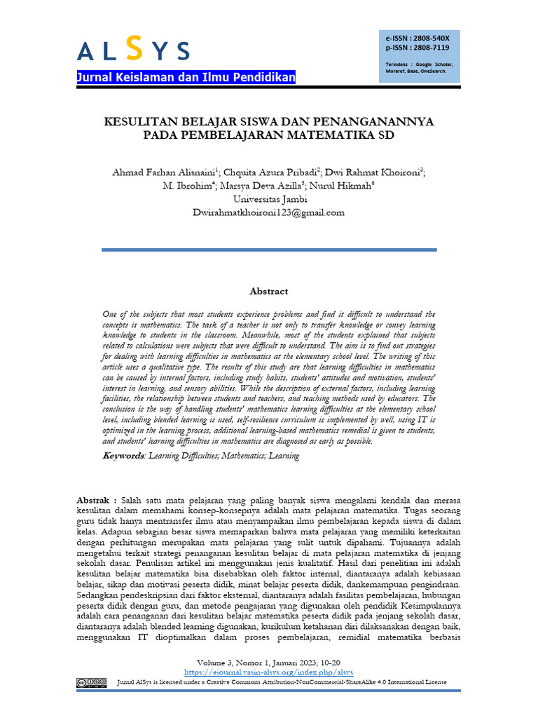 Kesulitan Belajar Matematika SD | PDF | Karier & Perkembangan ...