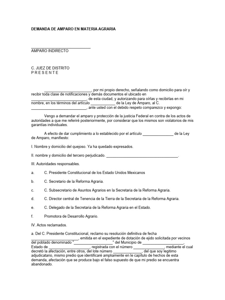 Demanda de Amparo en Materia Agraria | PDF | Demanda judicial | Propiedad