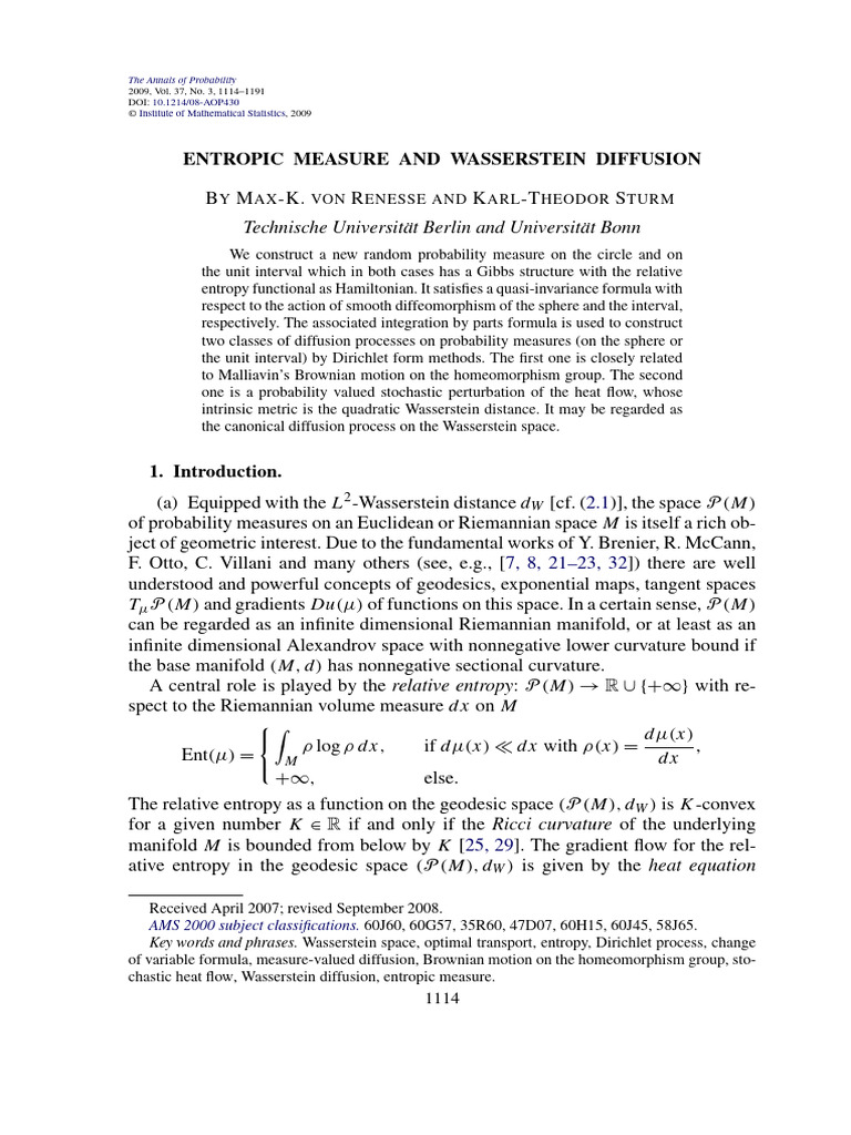 Entropic Measure and Wasserstein Diffusion | PDF | Distribution (Mathematics) | Manifold