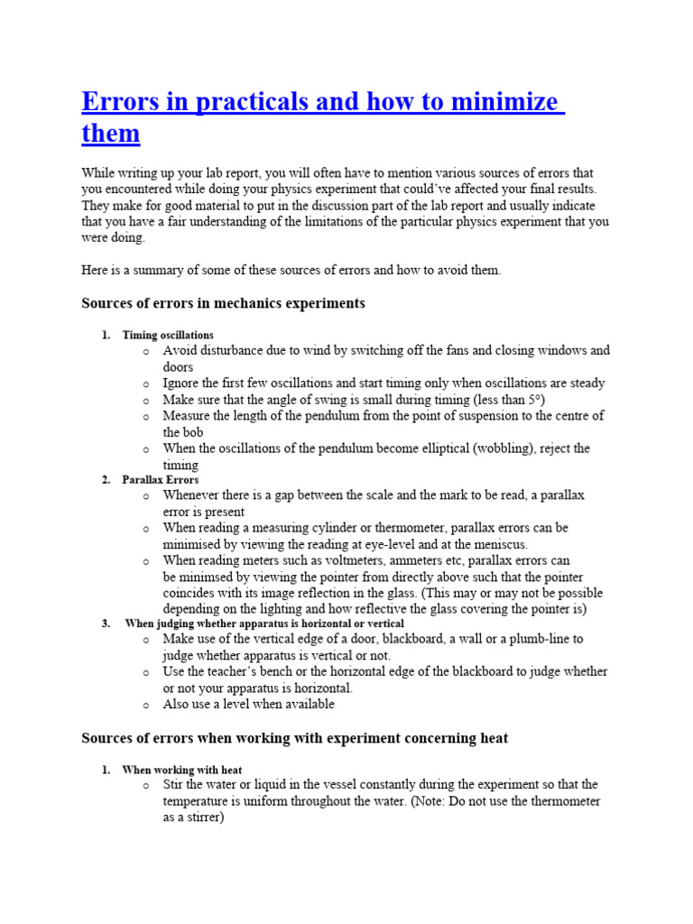 Errors in Practicals and How To Minimize Them | PDF | Heat Transfer ...