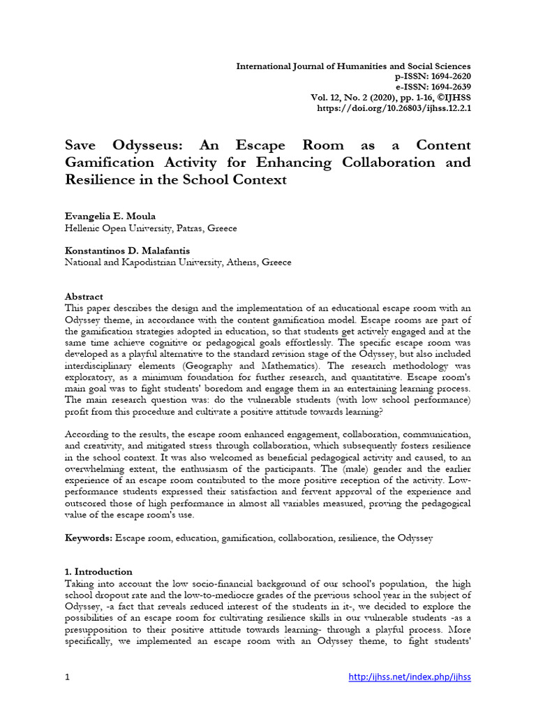 Save Odysseus: An Escape Room As A Content Gamification Activity For Enhancing Collaboration and ...
