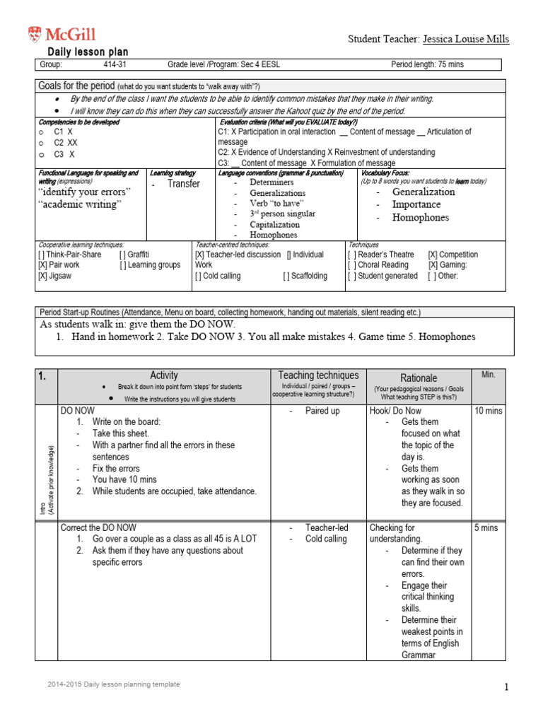 Sec 4 Mistake Lesson Plan | PDF | Lesson Plan | Learning