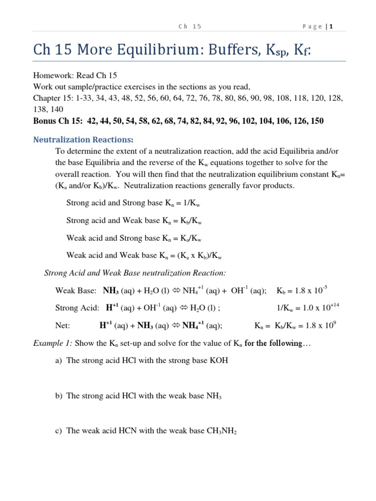 CH 15 More Equilibrium: Buffers, K, K | PDF | Buffer Solution | Ph
