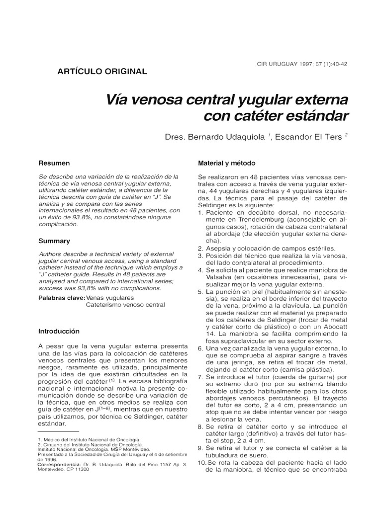 Vía Venosa Central Yugular Externa Con Catéter Estándar: Artículo ...
