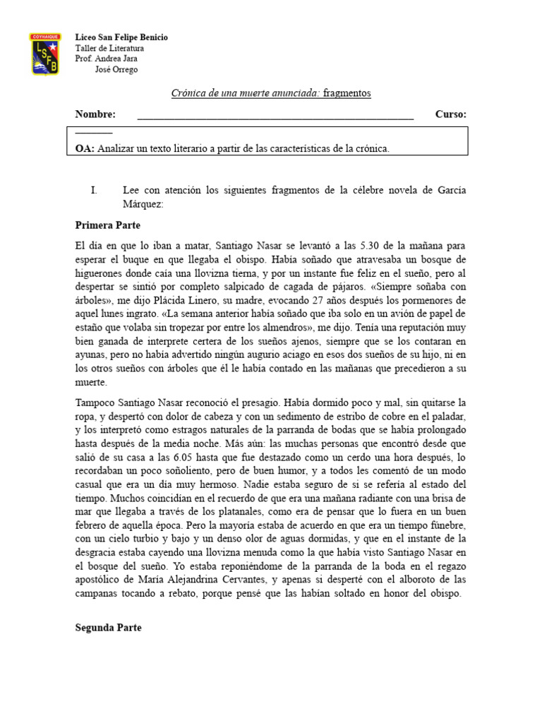 Análisis de "Crónica de una muerte anunciada" | PDF | Narración