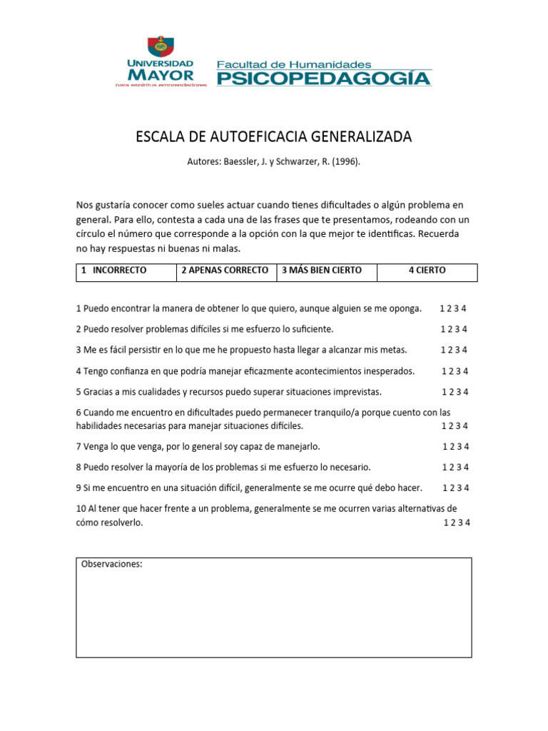 Escala de Autoeficacia - Autoestima | PDF | Autoestima | Psicología Social