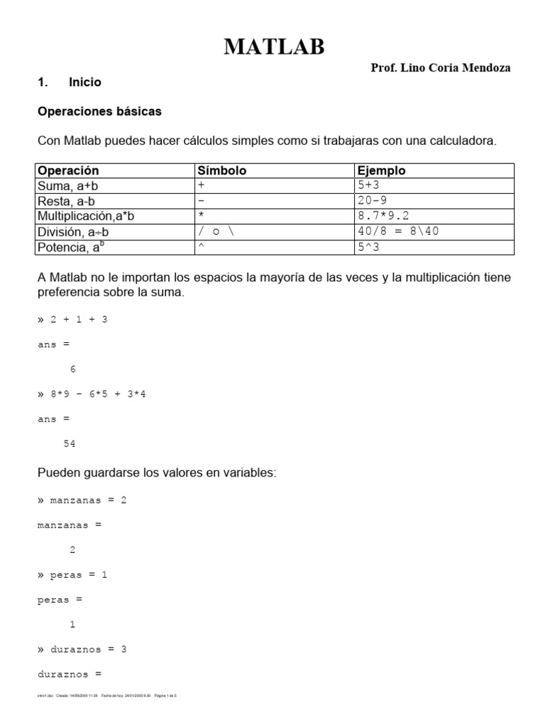 01 Matlab Intro | PDF | Matriz (Matemáticas) | Transformada de Fourier 01 Matlab Intro | PDF | Matriz (Matemáticas) | Transformada de Fourier
