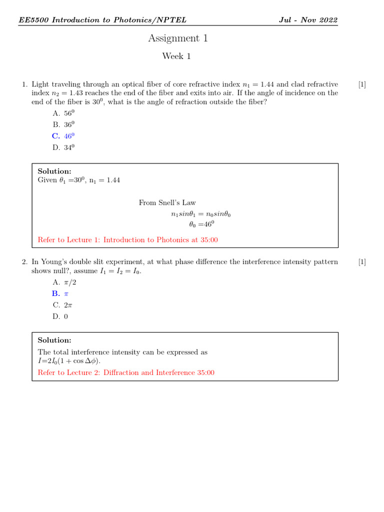 Week 1 - Assignment | PDF | Diffraction | Wavelength