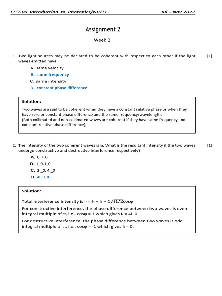 Week 2 - Assignment | PDF | Coherence (Physics) | Interferometry