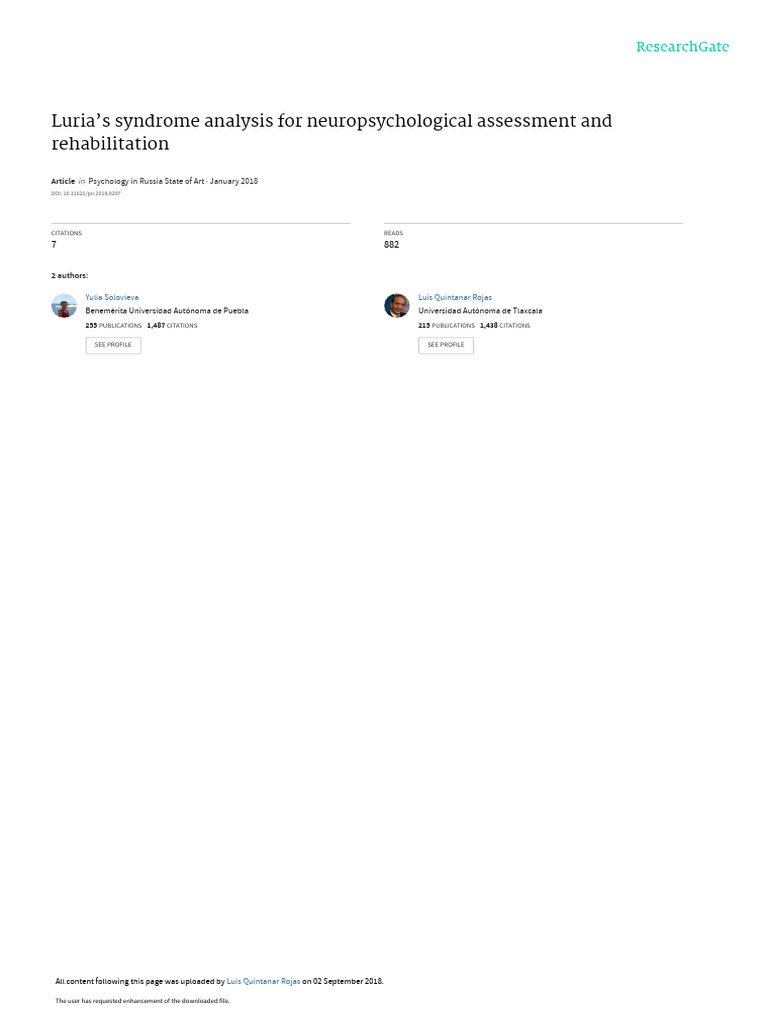 Luria's Syndrome Analysis For Neuropsychological Assessment and ...