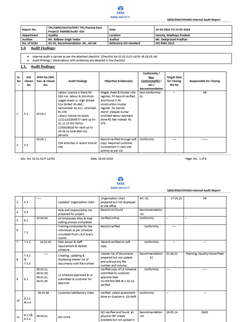 Final Internal Audit Report Hanota Dam Project | PDF | Auditor's Report | Audit