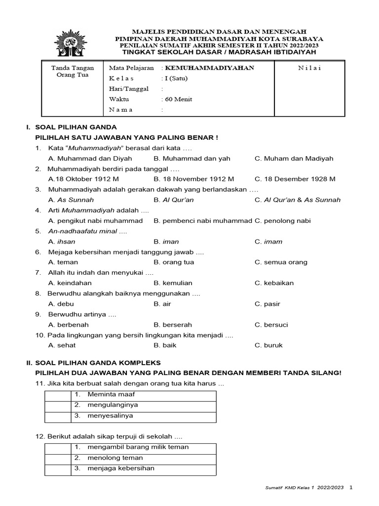 Soal Sumatif II KMD Kelas 1 | PDF