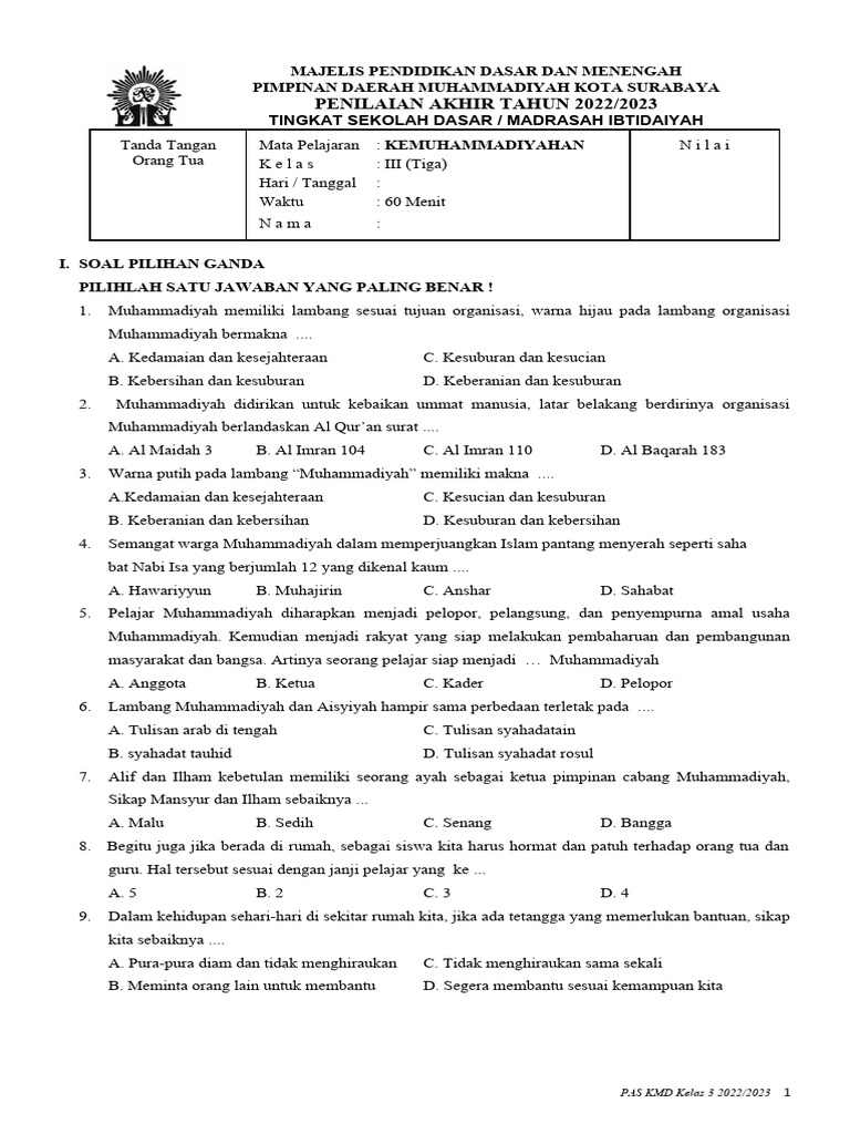 Soal Pat. KMD Kelas 3 | PDF