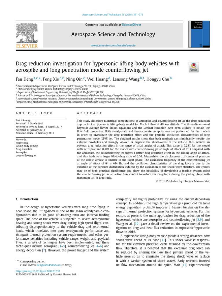 Hypersonic Vehicle Drag Reduction | PDF | Drag (Physics) | Aerodynamics