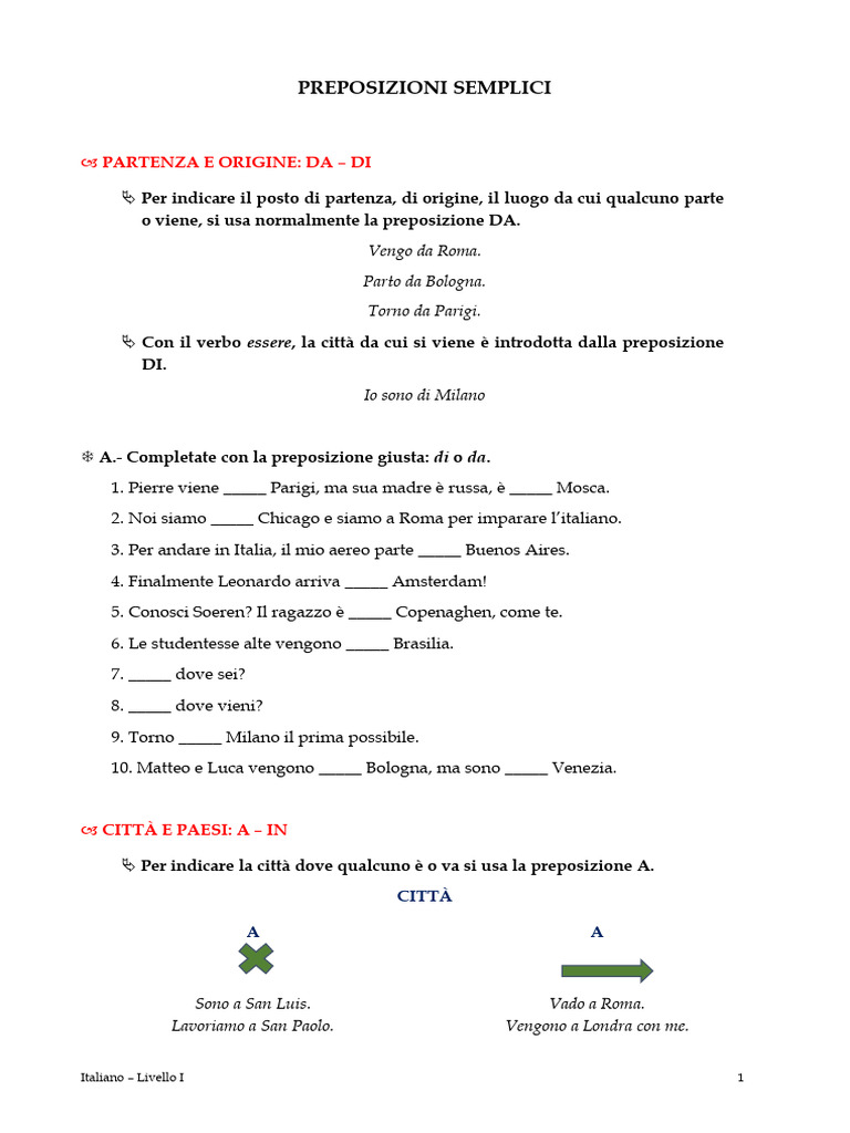 Preposizioni Semplici Studenti | PDF