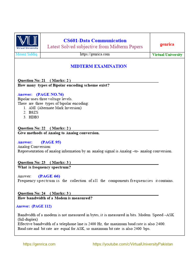 CS601 Data Communication Midterm Guide | PDF | Frequency Modulation | Modulation