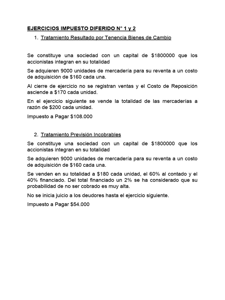 EJERCICIO IMPUESTO DIFERIDO N - 1 - 2 - 3 y 4 - 2 | Descargar gratis PDF | Impuestos | Contabilidad