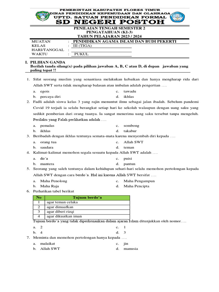 Soal PTS 2 PAI Dan BP Kelas 3 | PDF
