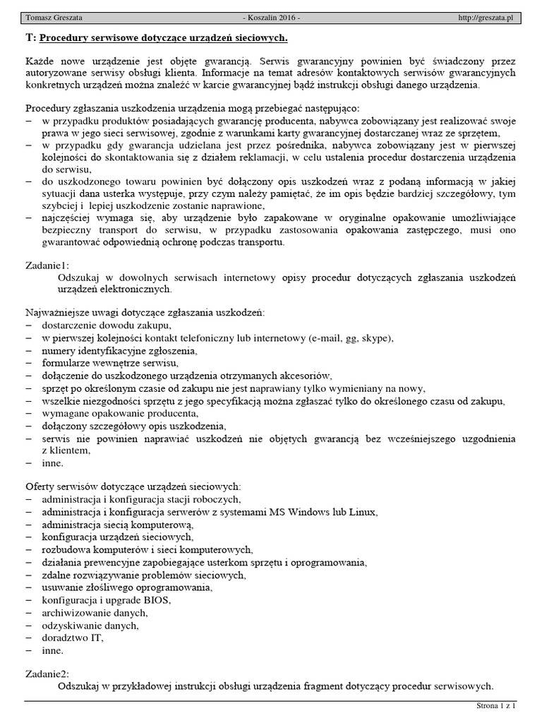 22 24 Procedury Serwisowe Dotyczace Urzadzen Sieciowych | PDF