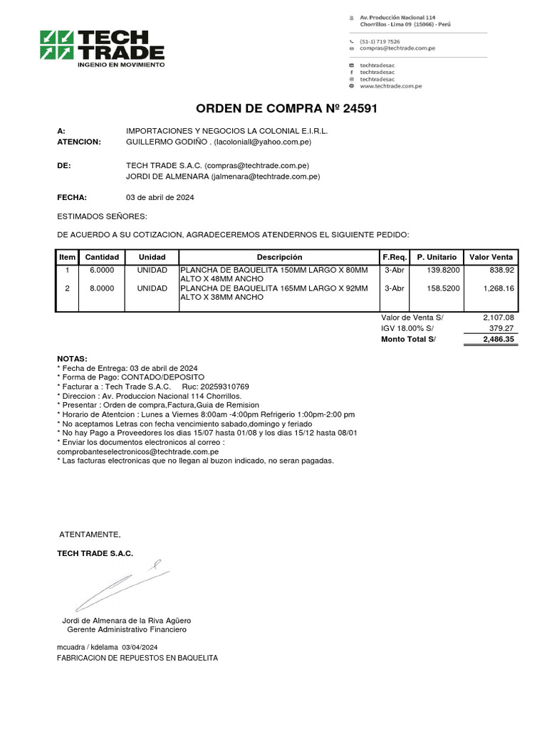 Oc-24591-Importaciones y Negocios La Colonial E.i.r.l.-Baquelita | PDF