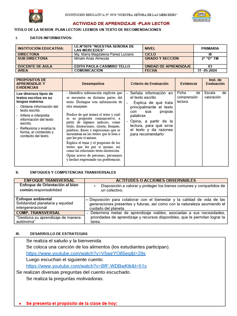 Sesion - Plan Lector - Leemos Un Texto de Recomendaciones | PDF | Aprendizaje | Evaluación
