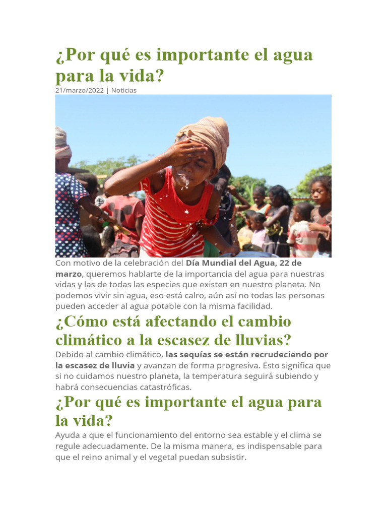 Por Qué Es Importante El Agua para La Vida | PDF | Agua | Desnutrición