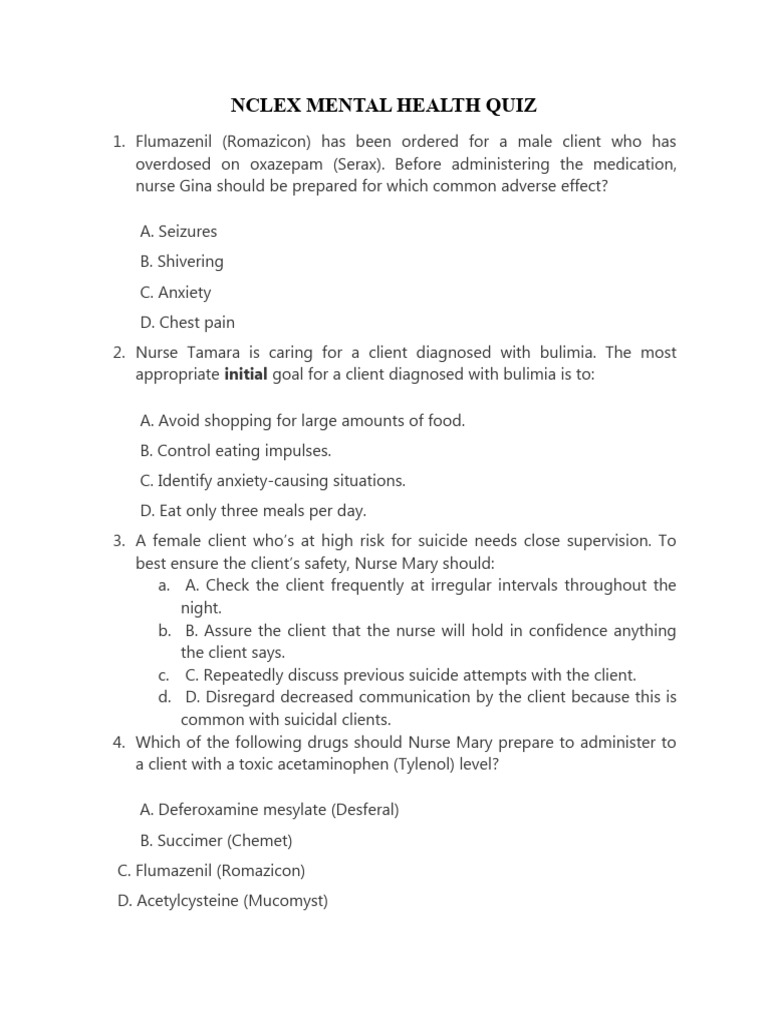 Nclex Mental Health Quiz | Download Free PDF | Clinical Medicine ...
