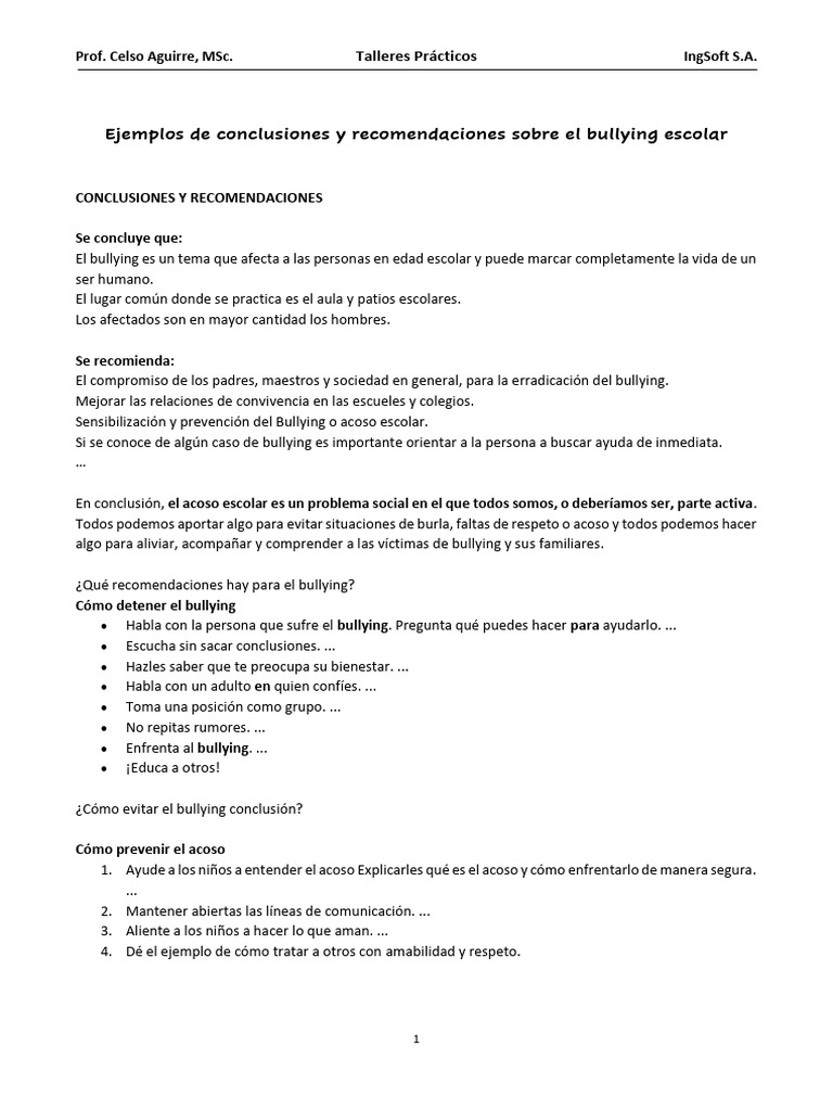 Ejemplos de Conclusiones y Recomendaciones Sobre El Bullying Escolar ...
