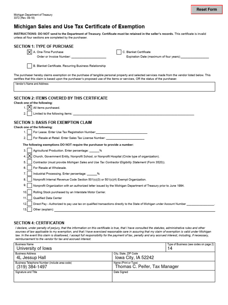 Michigan 3372 Rev 09-18 | PDF | Use Tax | Tax Exemption