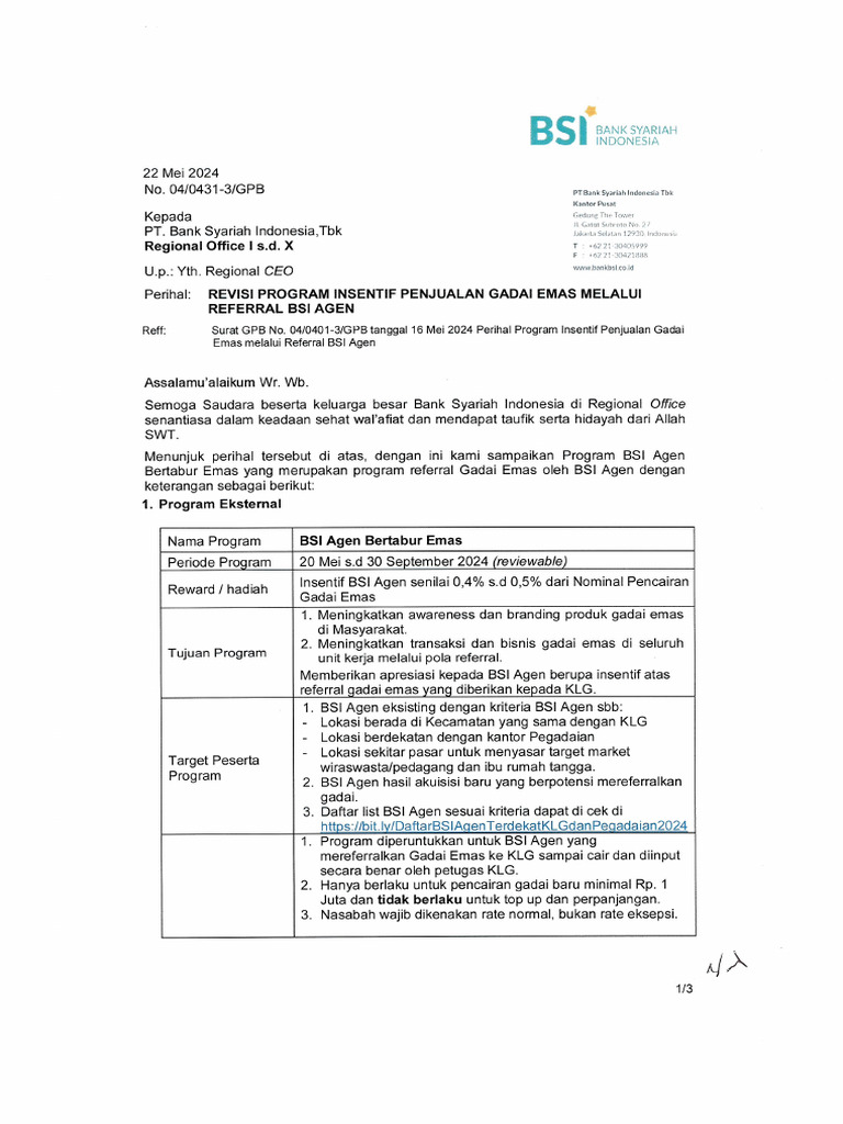 04.0431-3.GPB Revisi Program Insentif Referral Gadai Emas Melalui BSI Agen | PDF