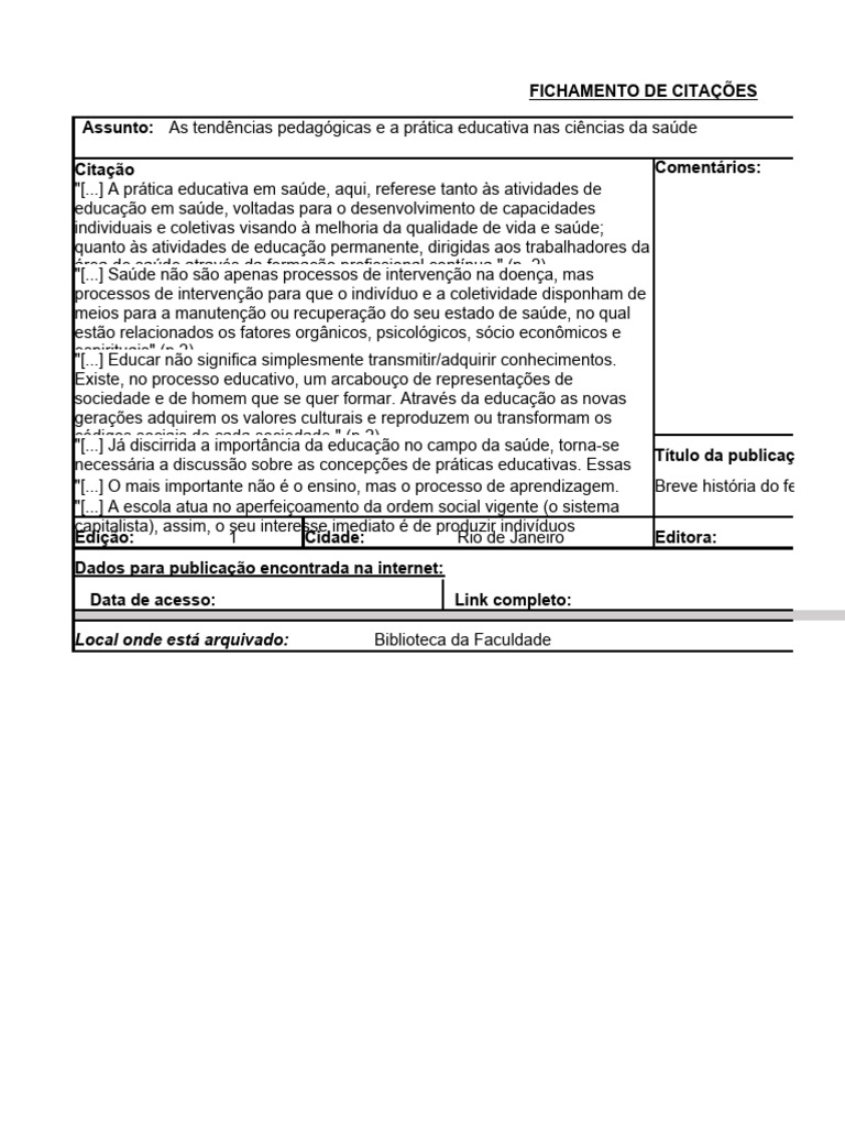 Modelo de Fichamento para Citação-1 | PDF | Aprendizado | Citação