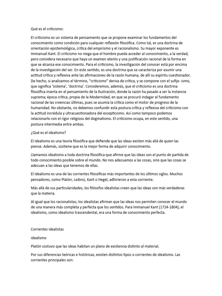 Definición de criticismo filosófico | PDF | Idealismo | Immanuel Kant