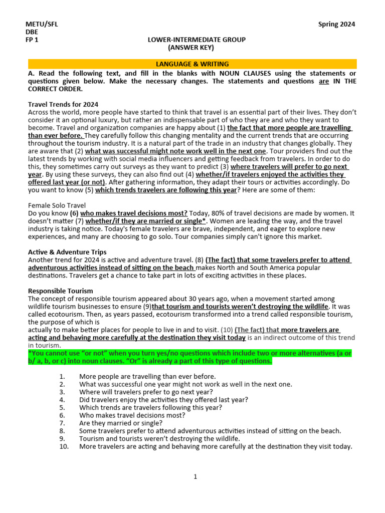 LIN FP 1 Answer Key | PDF | Meat | Tourism