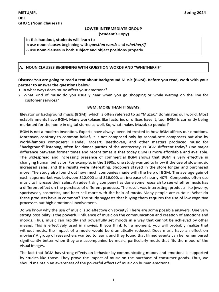 GHO 1 Student 23-24 Noun Clauses II Print | PDF | Question | Clause