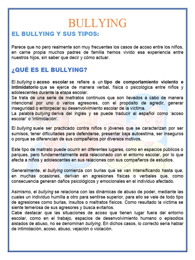 Tipos y Consecuencias del Bullying | PDF | Abuso infantil | Sicología