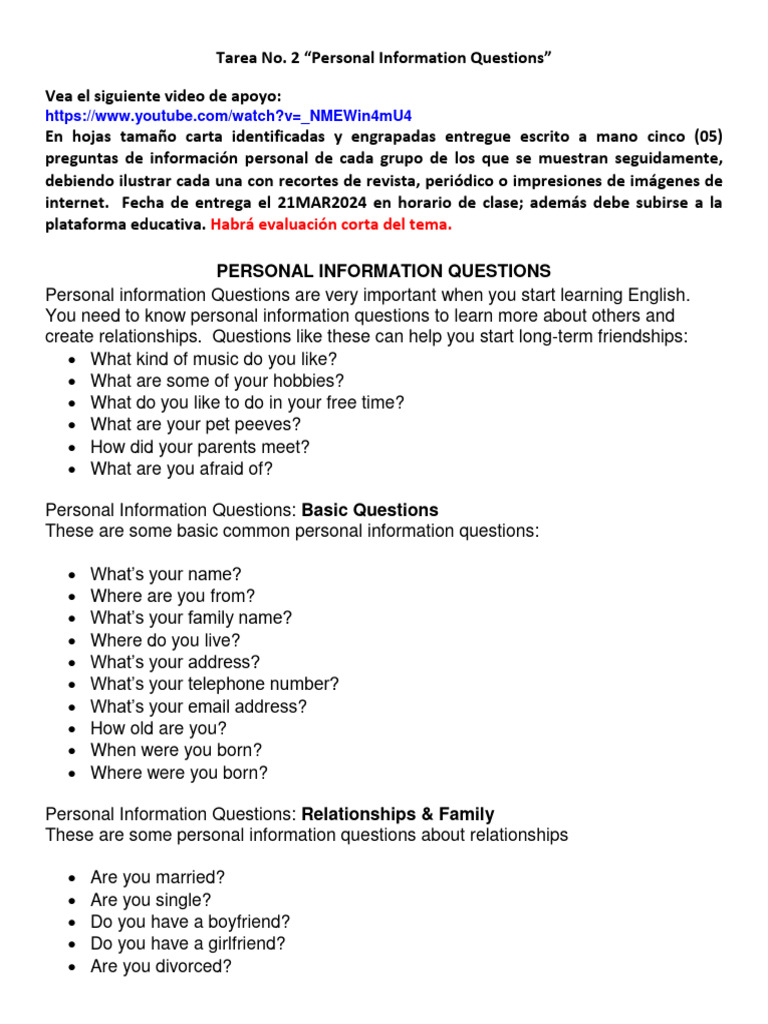 Tarea No. 2 Personal Information Questions | PDF | Self-Improvement