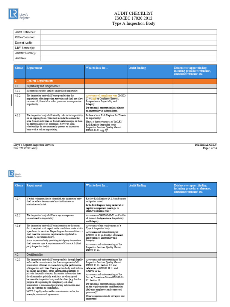 ISO 17020 Audit Checklist | PDF | Audit | Calibration