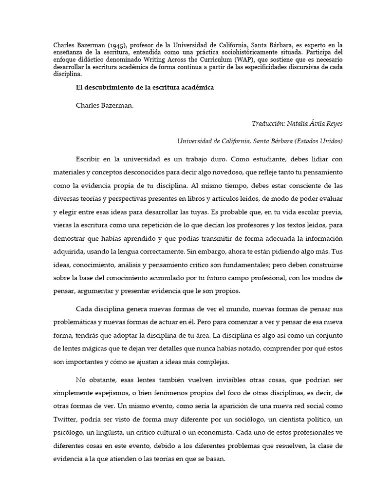 El Descubrimiento de La Escritura Académica - Bazerman | PDF ...