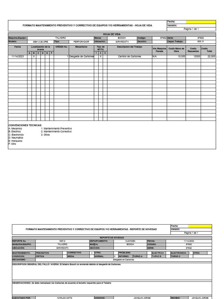 Fomato Mantenimiento Preventivo y Correctivo | PDF
