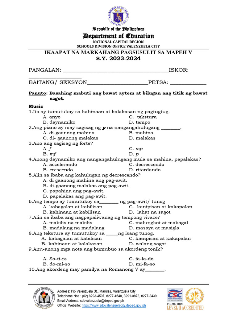 MAPEH 5 4th Quarter SY 2023 2024 | PDF