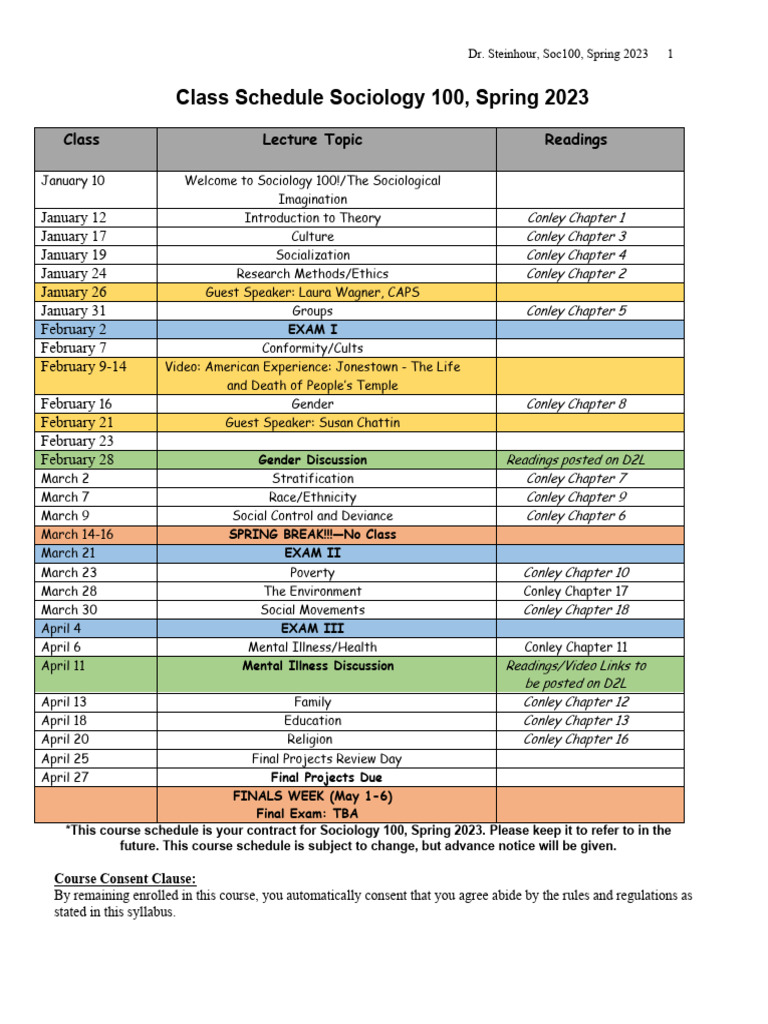 Sociology 100 Class Schedule | PDF | Sociology | Liberal Arts Education