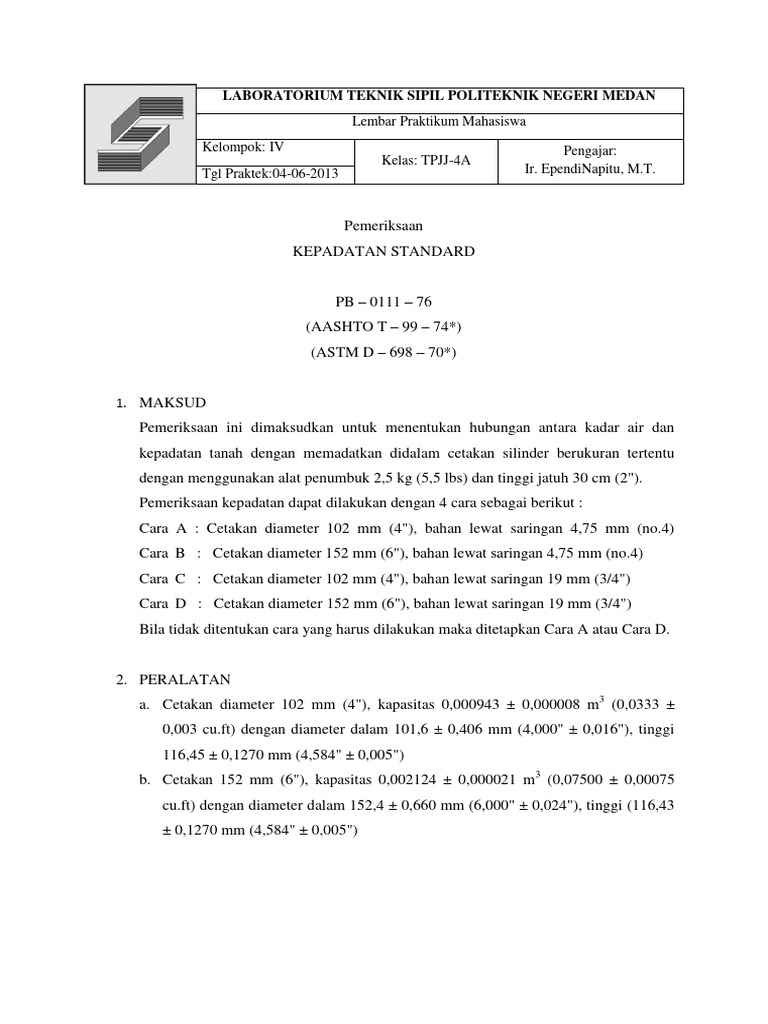 Pemeriksaan Kepadatan Tanah Standard | PDF