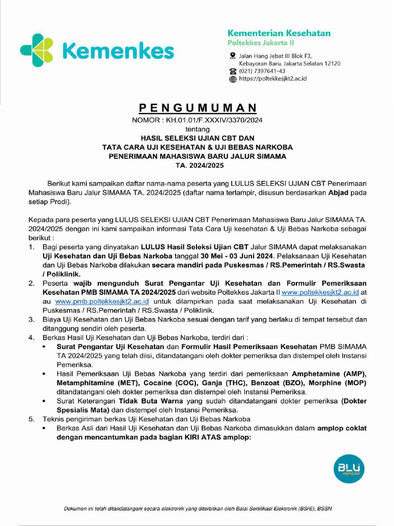 Pengumuman Hasil Seleksi CBT Simama 2024 | PDF