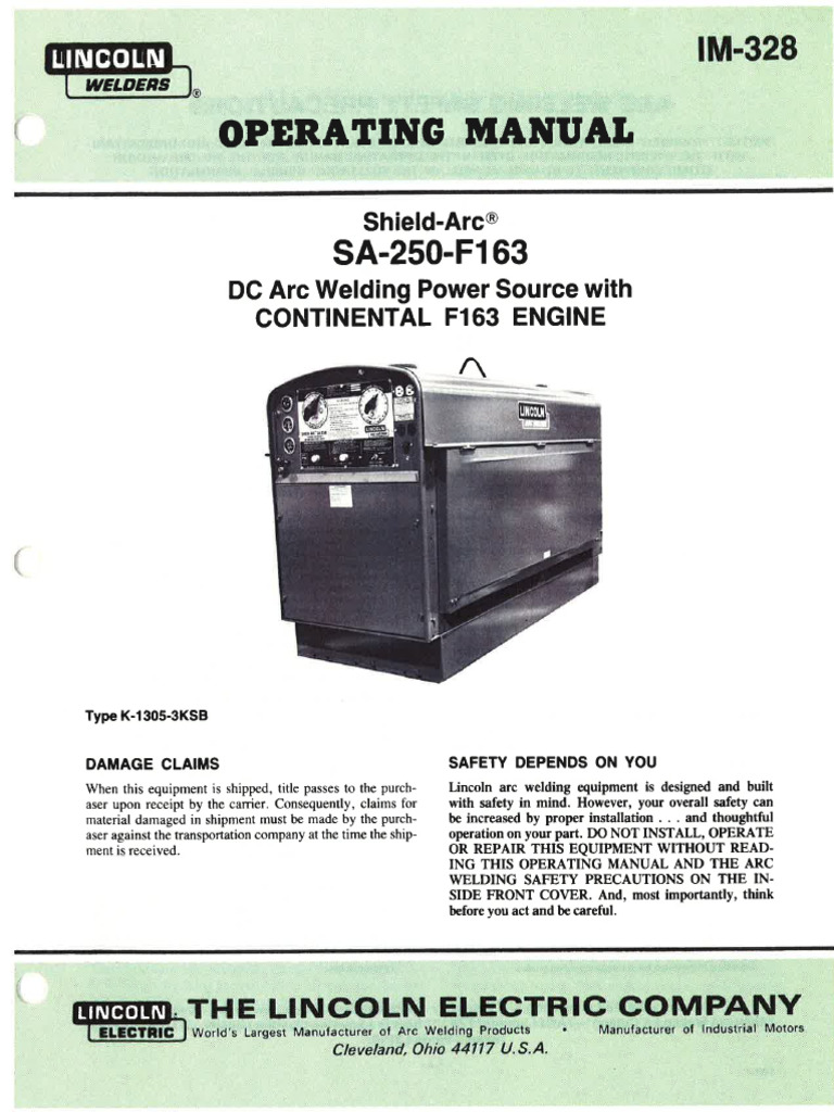 Lincoln Shield-Arc SA-250-F163 DC Arc Welding Power Source | PDF