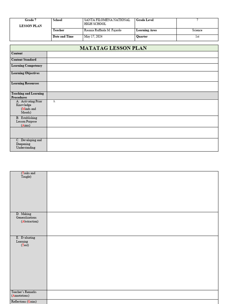 Grade 7 MATATAG Lesson Plan Template | PDF