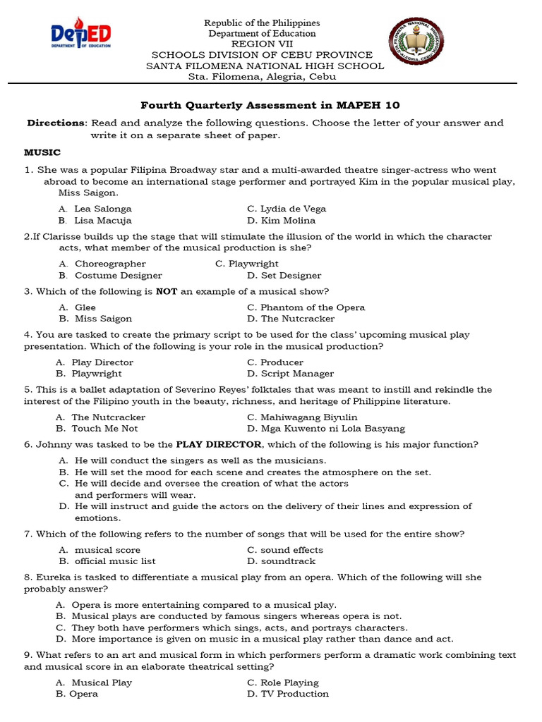 MAPEH 10 Quarterly Assessment Guide | PDF | Health Care | Play (Theatre)