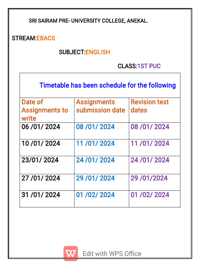 1st PUC English Assignment Schedule | PDF